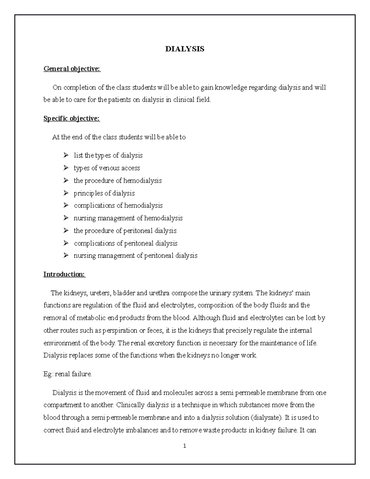 Dialysis : detailed overview - DIALYSIS General objective: On ...