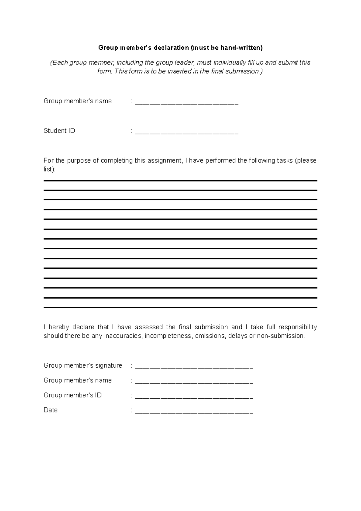 Group member declaration - This form is to be inserted in the final ...