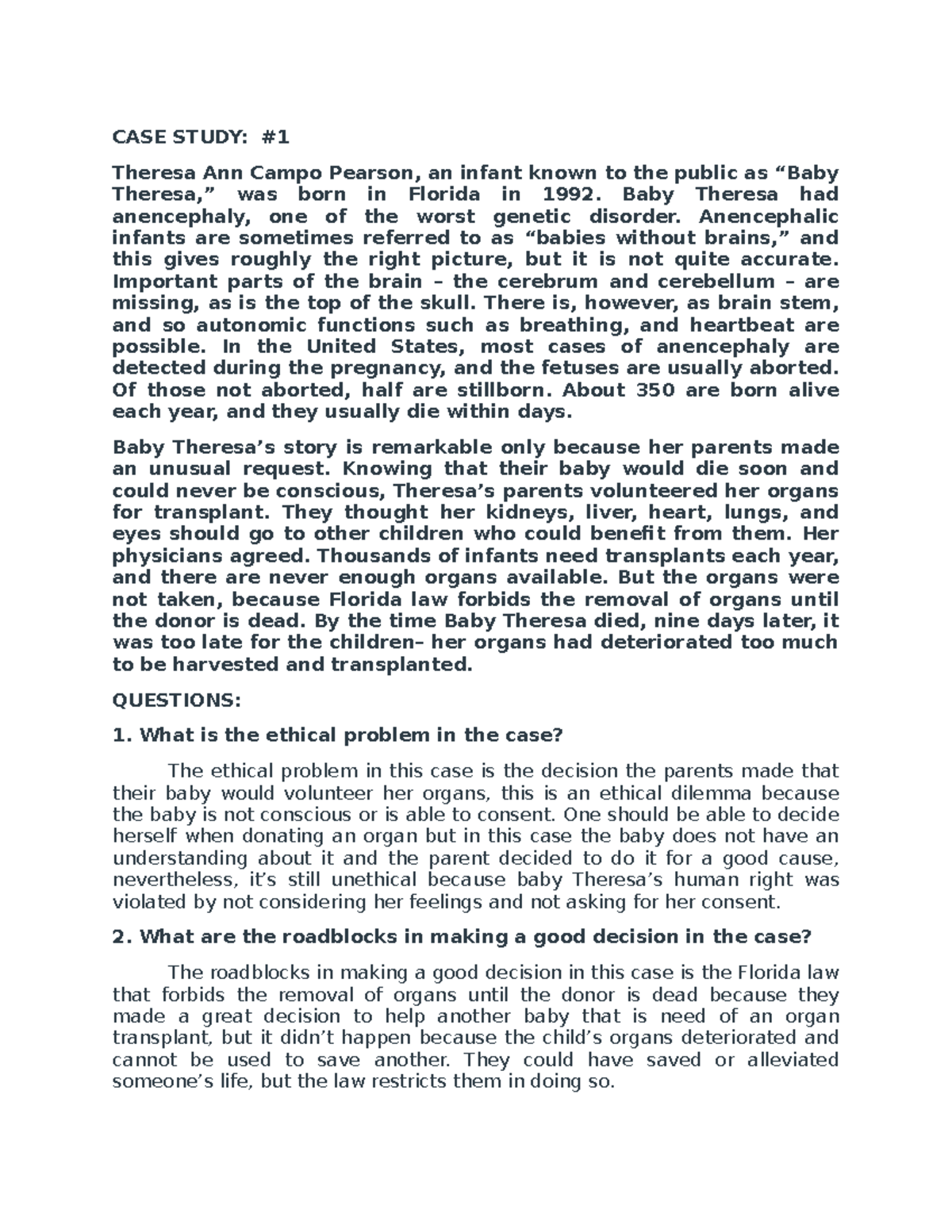 Case Study Number 1 - Ethics - OLFU - Studocu