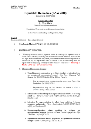 LAW2810 [S2-2023] Worksheet-Topic 4 - Equitable Remedies (LAW 2810 ...