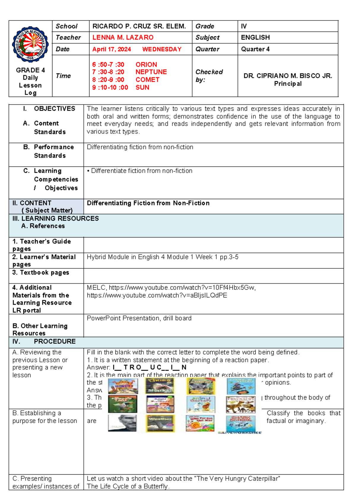 DLL Q4 English-4 Week3-DAY1- Fiction&NON- Fiction - GRADE 4 Daily ...