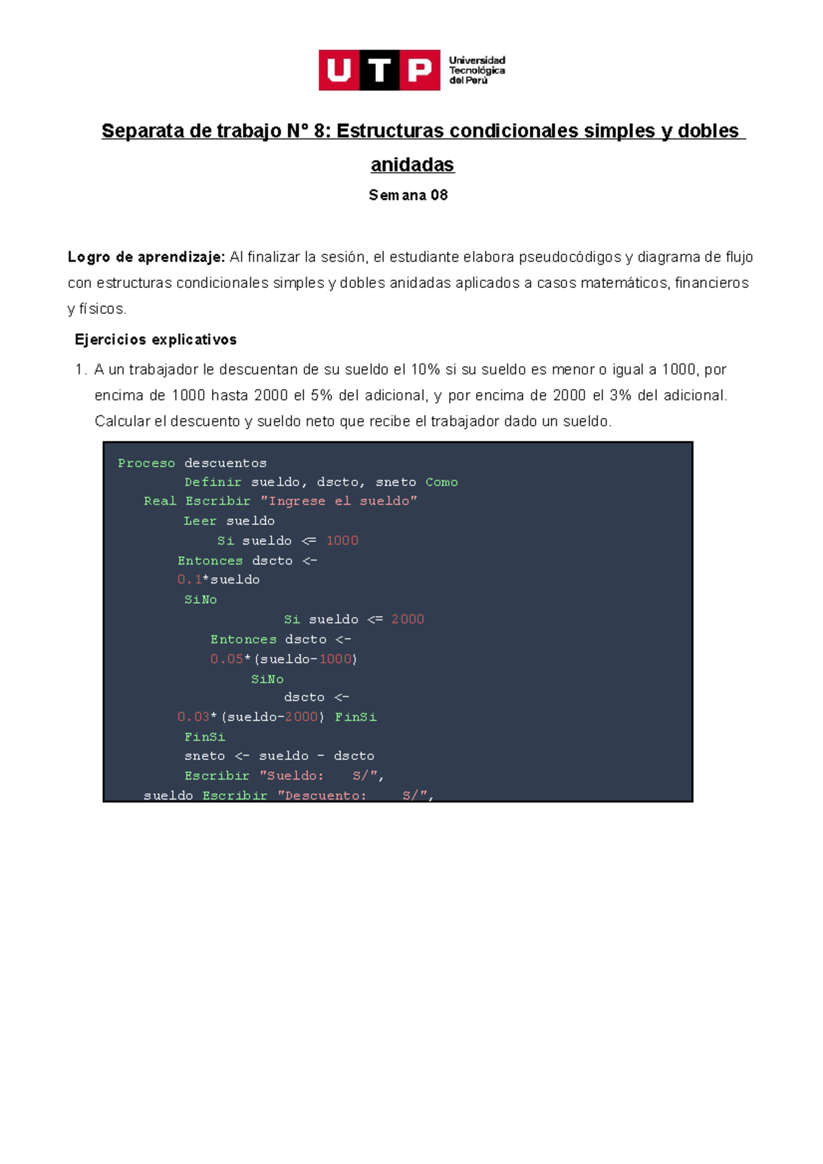 Semana 8 ejercicios - Separata de trabajo N° 8: Estructuras ...