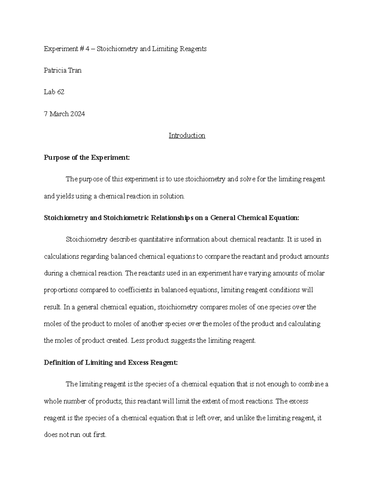Stoichiometry and Limiting Reagents - Experiment # 4 – Stoichiometry ...