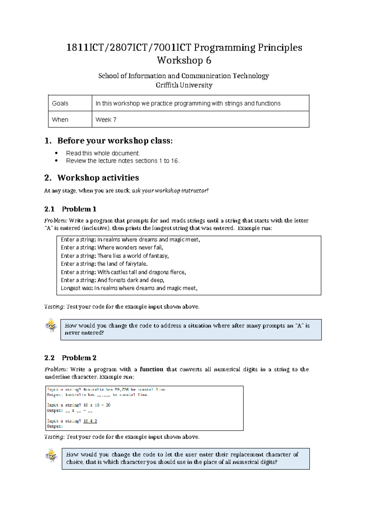 PP-WS06-1 - workshop tute - 1811ICT/2807ICT/7001ICT Programming Principles Workshop 6 School of ...