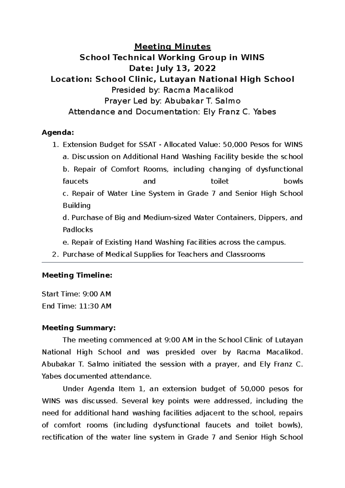 Meeting Minutes - Meeting Minutes School Technical Working Group in ...
