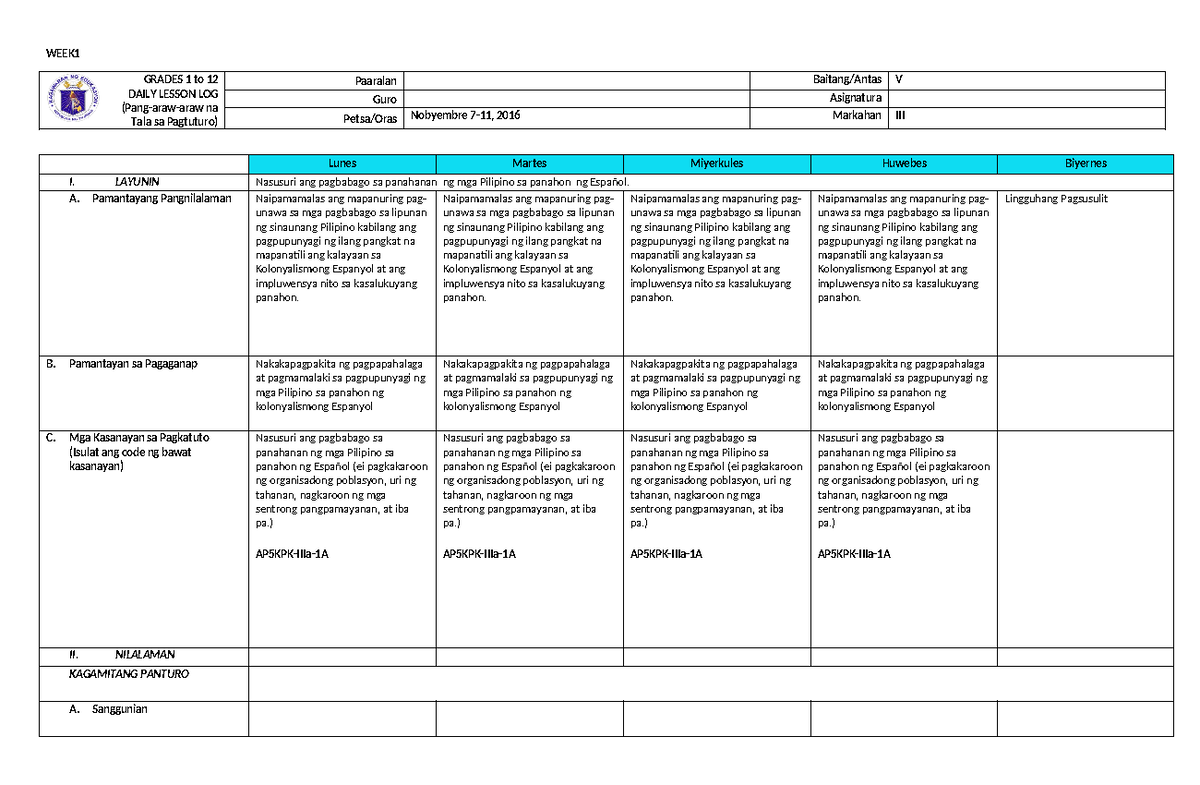 DLL AP 5 Q3 W1 - ASSIGNMENT - WEEK GRADES 1 to 12 DAILY LESSON LOG ...
