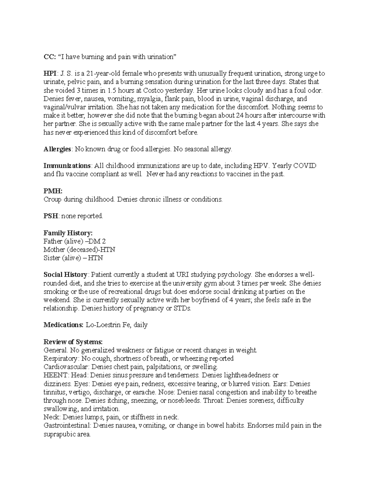 Soap 5 4 - SOAP note - CC: “I have burning and pain with urination” HPI ...