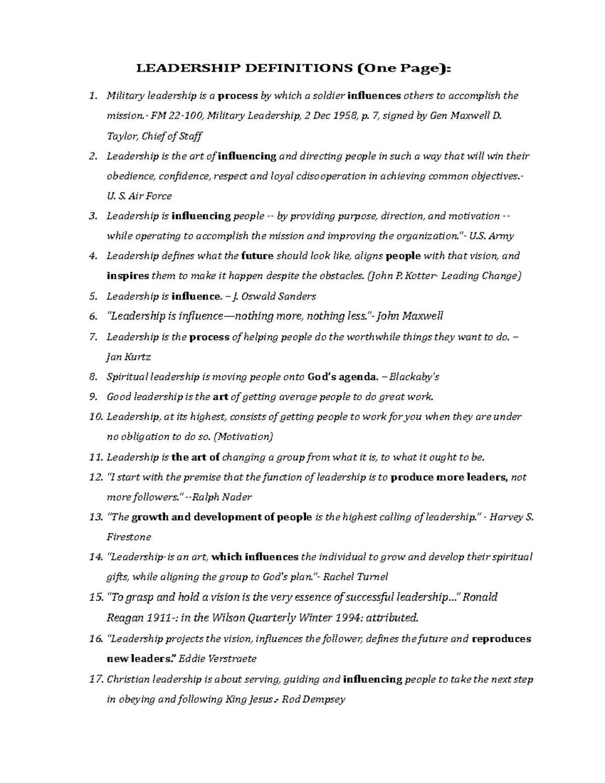 Leadership Definitions One Page - LEADERSHIP DEFINITIONS (One Page ...