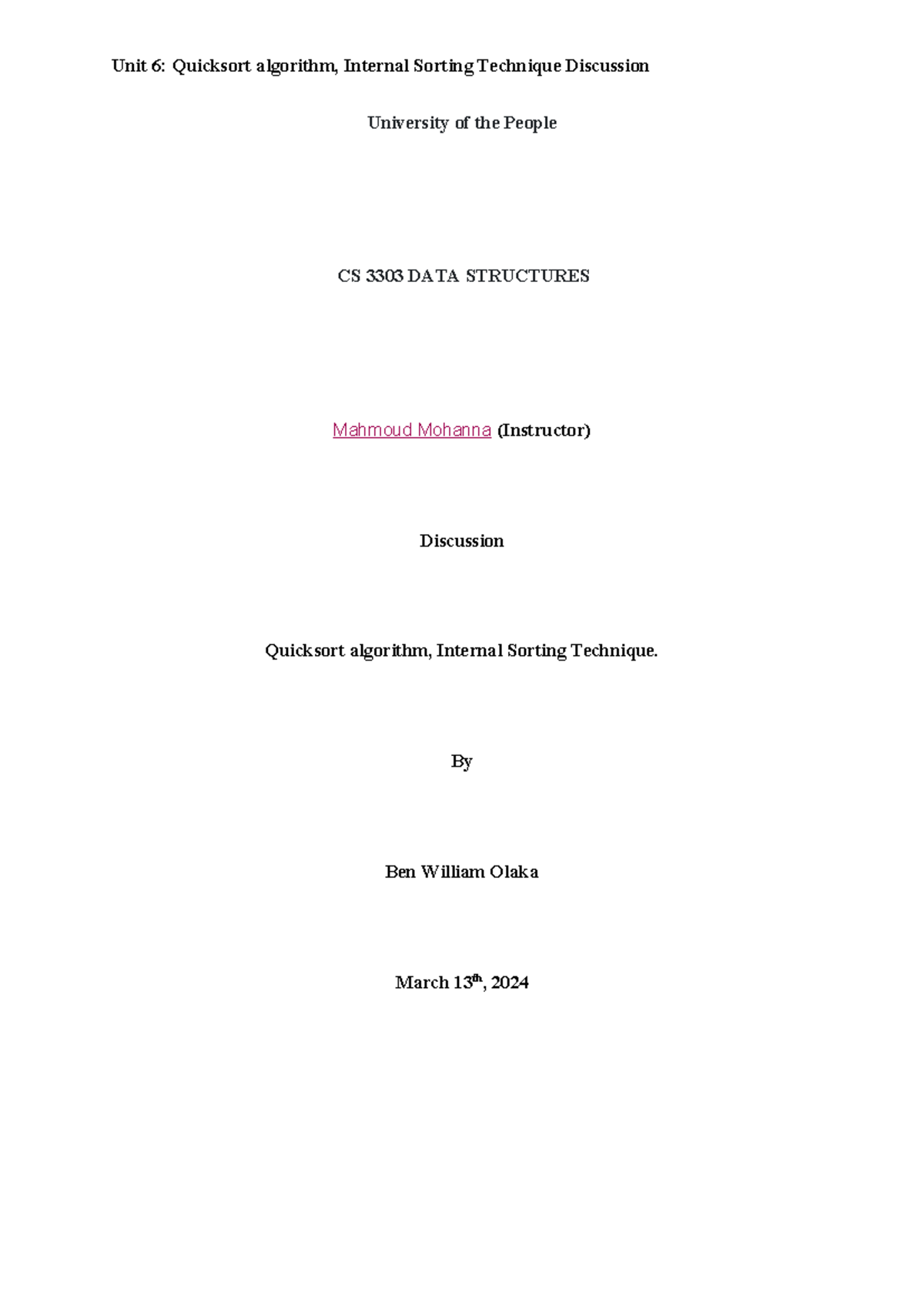 Quick Sort Algorithm - University of the People CS 3303 DATA STRUCTURES ...