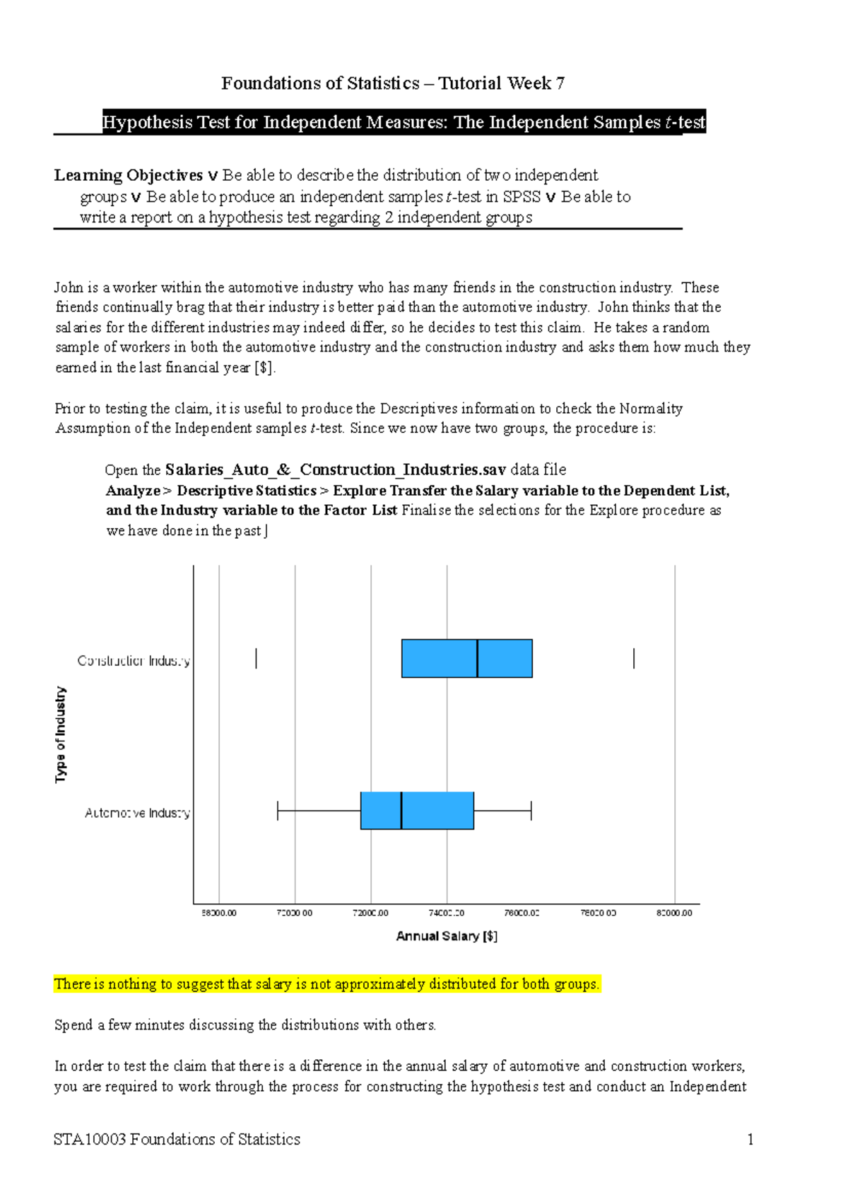 STA10003 Week 7 Tutorial Handout-1 - Foundations of Statistics ...