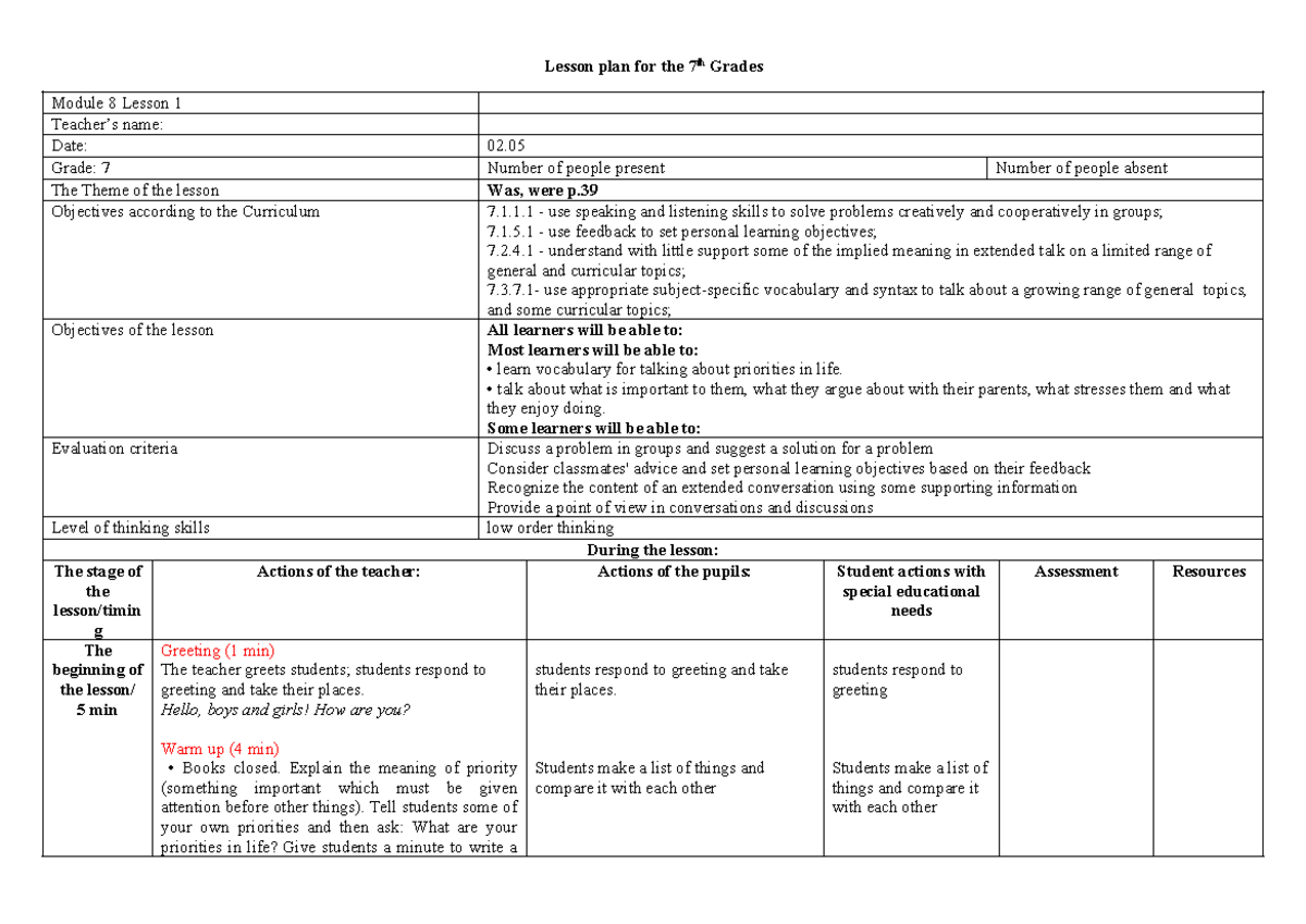 EO3 unit 8 new - еку - Lesson plan for the 7 th Grades Module 8 Lesson ...