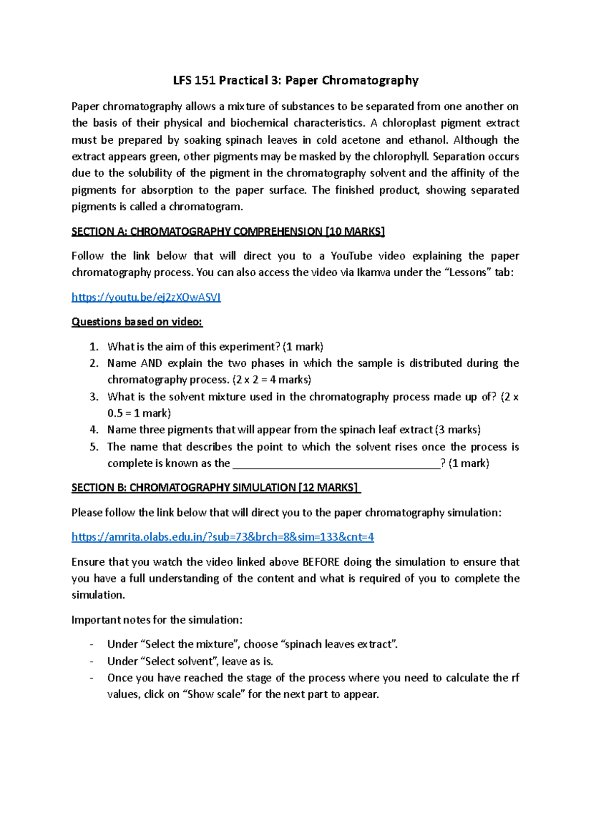 LFS 151 Practical 3 SEM 2 Chromatography - LFS 151 Practical 3: Paper ...