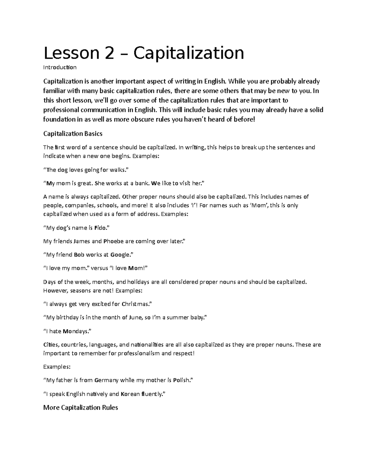 Lesson 2 – Capitalization - Lesson 2 – Capitalization Introduction ...