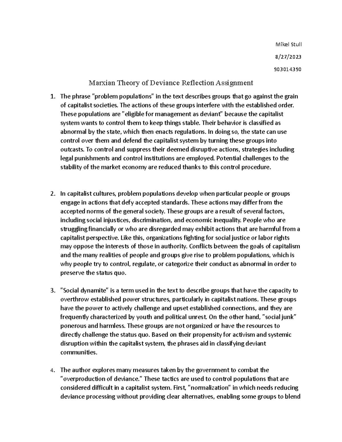 Marxian Theory of Deviance Reflection Assignment - Mikel Stull 8/27 ...