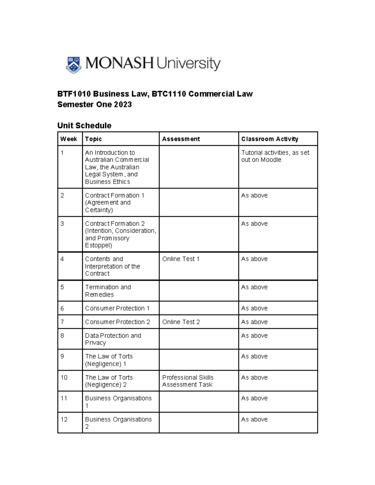 Business law schedule - BTF1010 Business Law, BTC1110 Commercial Law ...