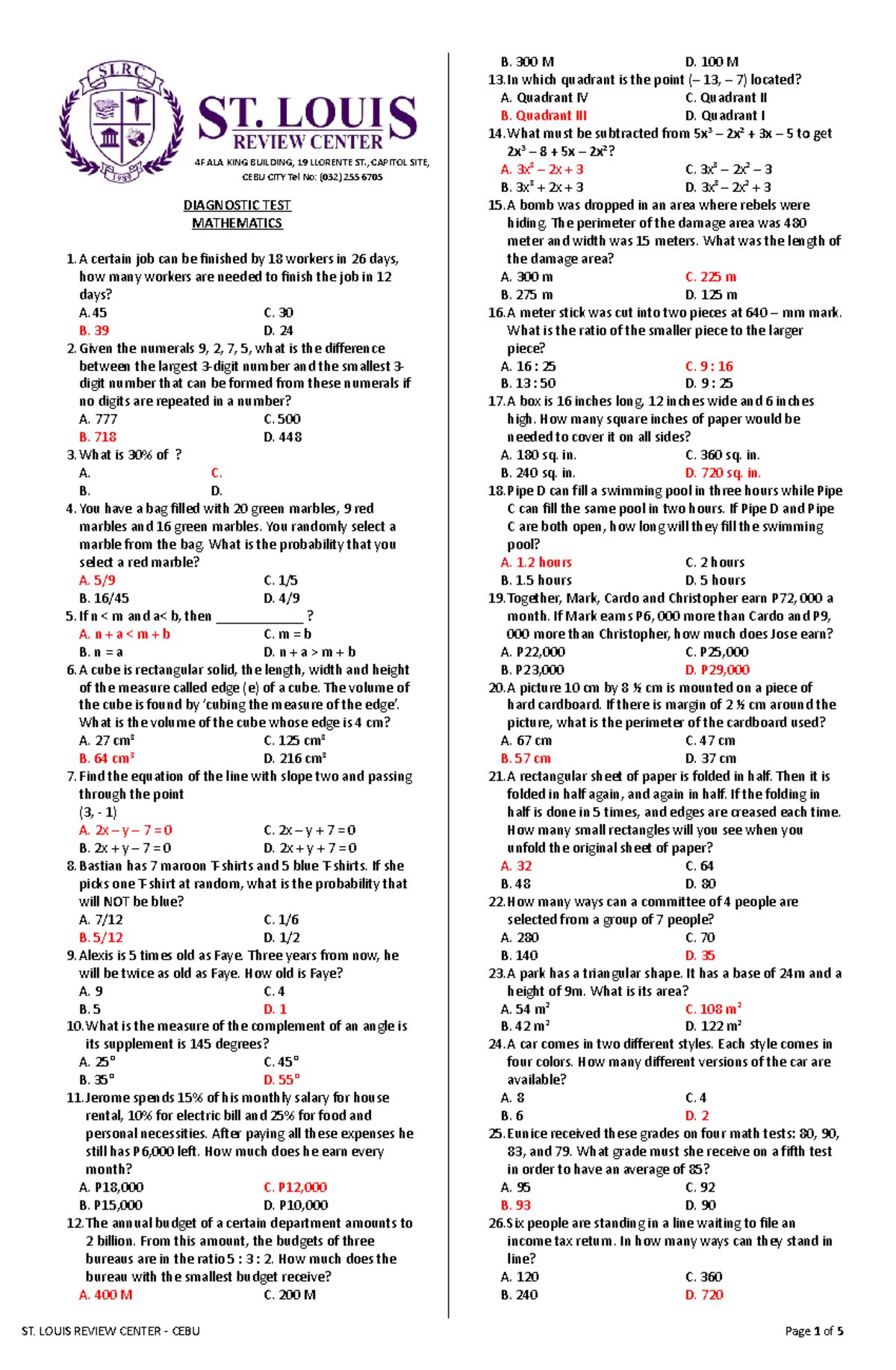 Diagnostic-MATH - aaaaaaaaaaaaaa - DIAGNOSTIC TEST MATHEMATICS A ...