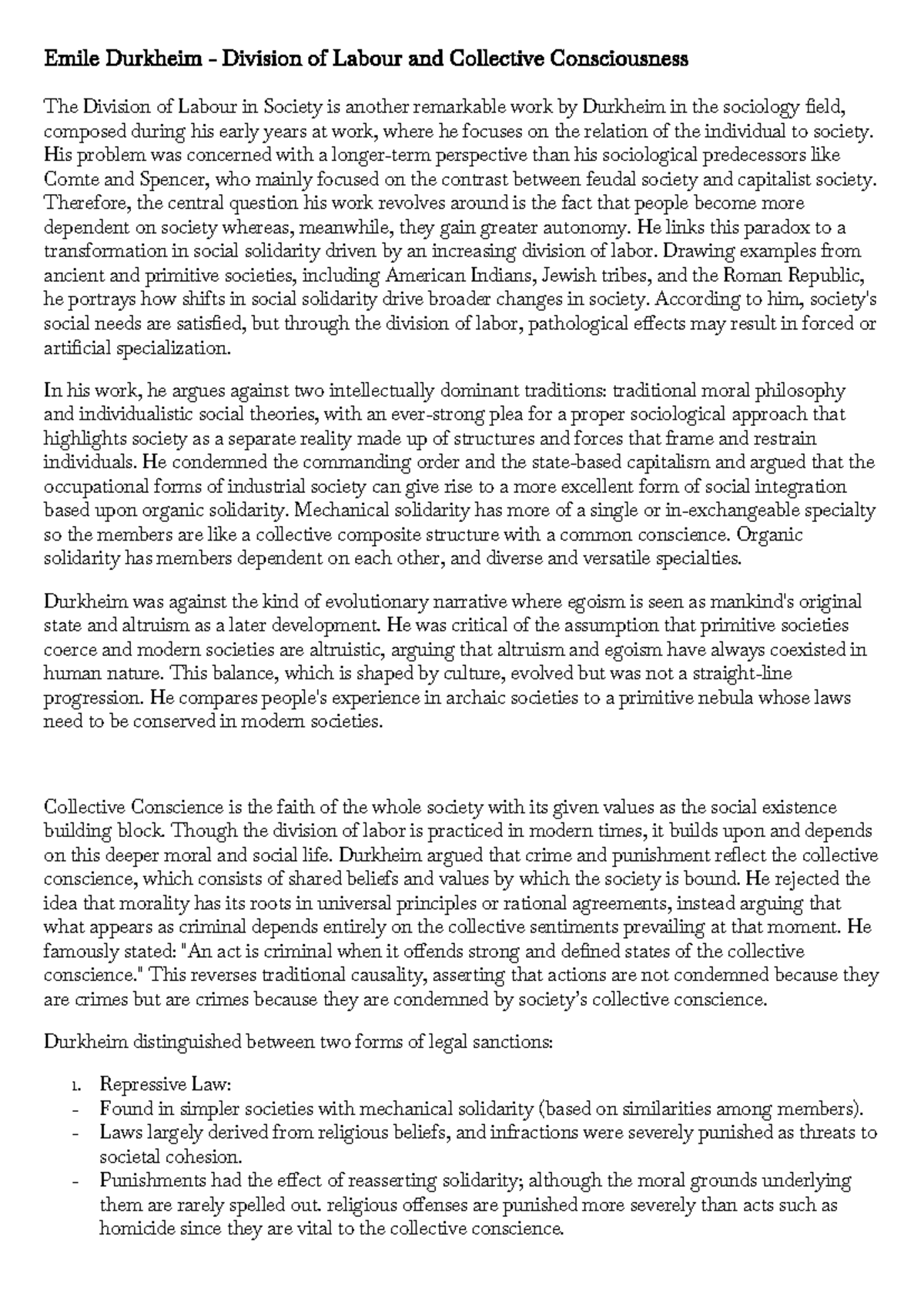 Emile Durkheim - The document covers the ideas of collective ...