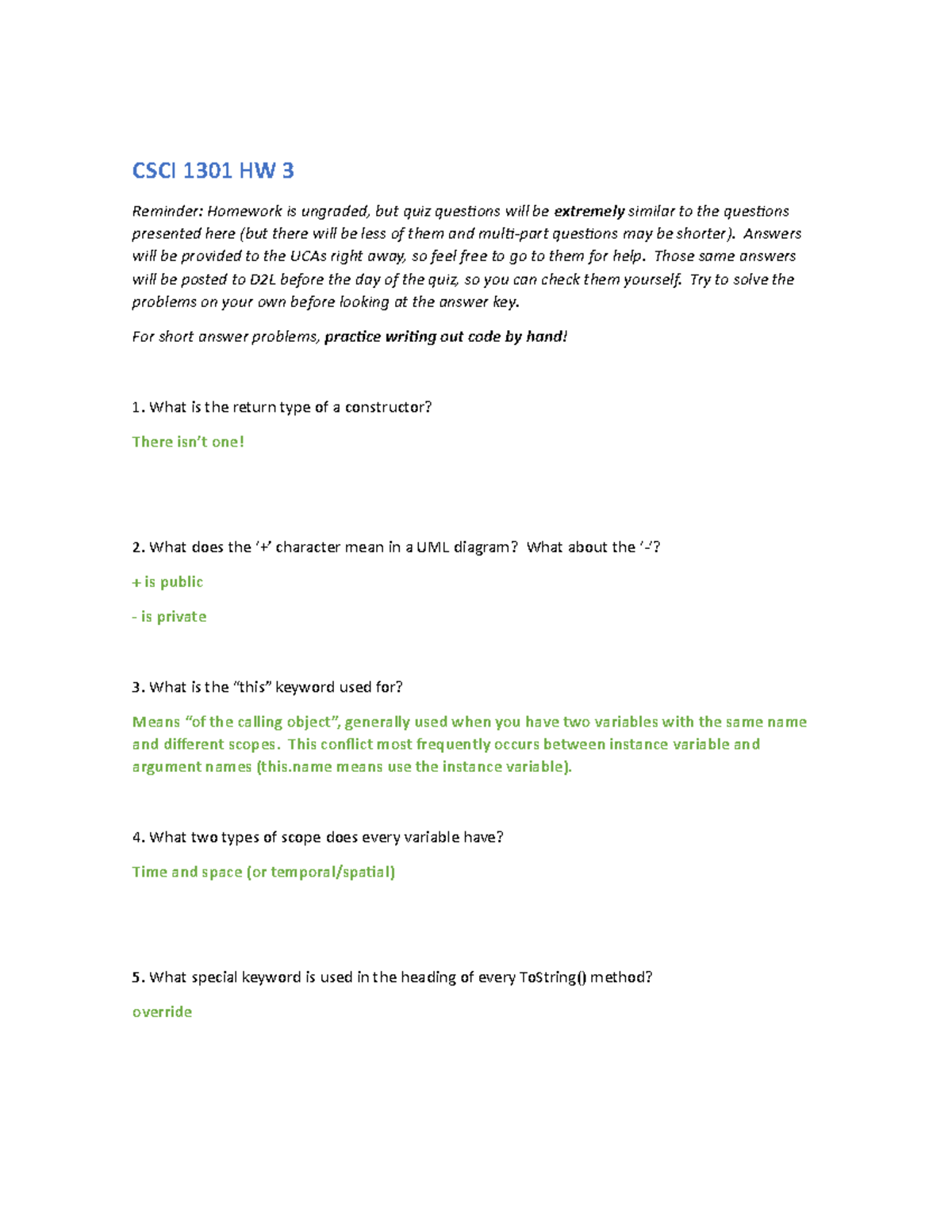 Hw3 answers - CSCI 1301 HW 3 Reminder: Homework is ungraded, but quiz questions will be ...