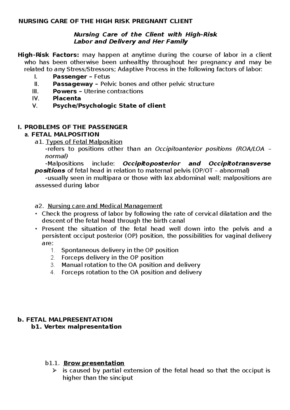 G2 - Lecture notes on nursing care on high risk labor client - NURSING ...
