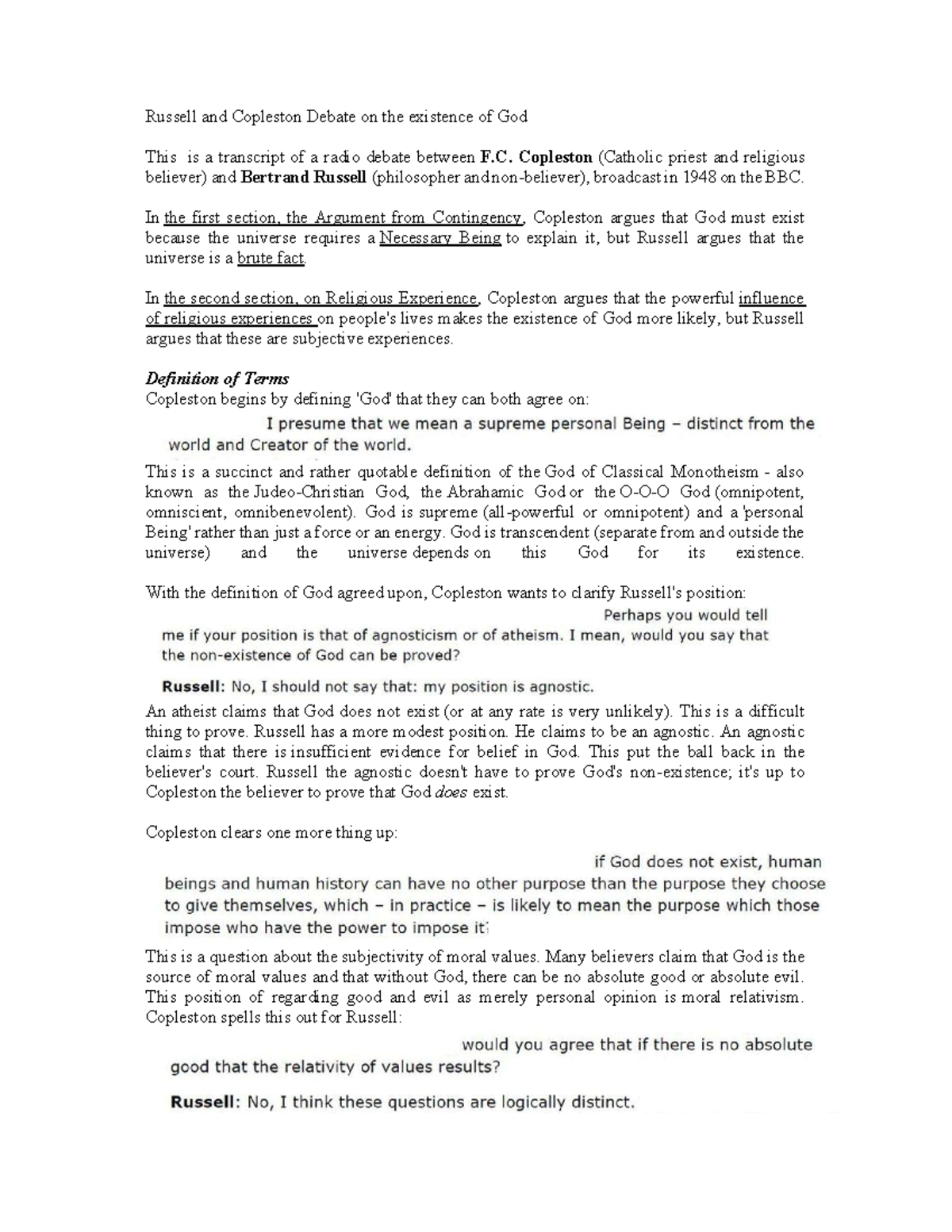 Russell and Copleston Debate - Copleston (Catholic priest and religious ...
