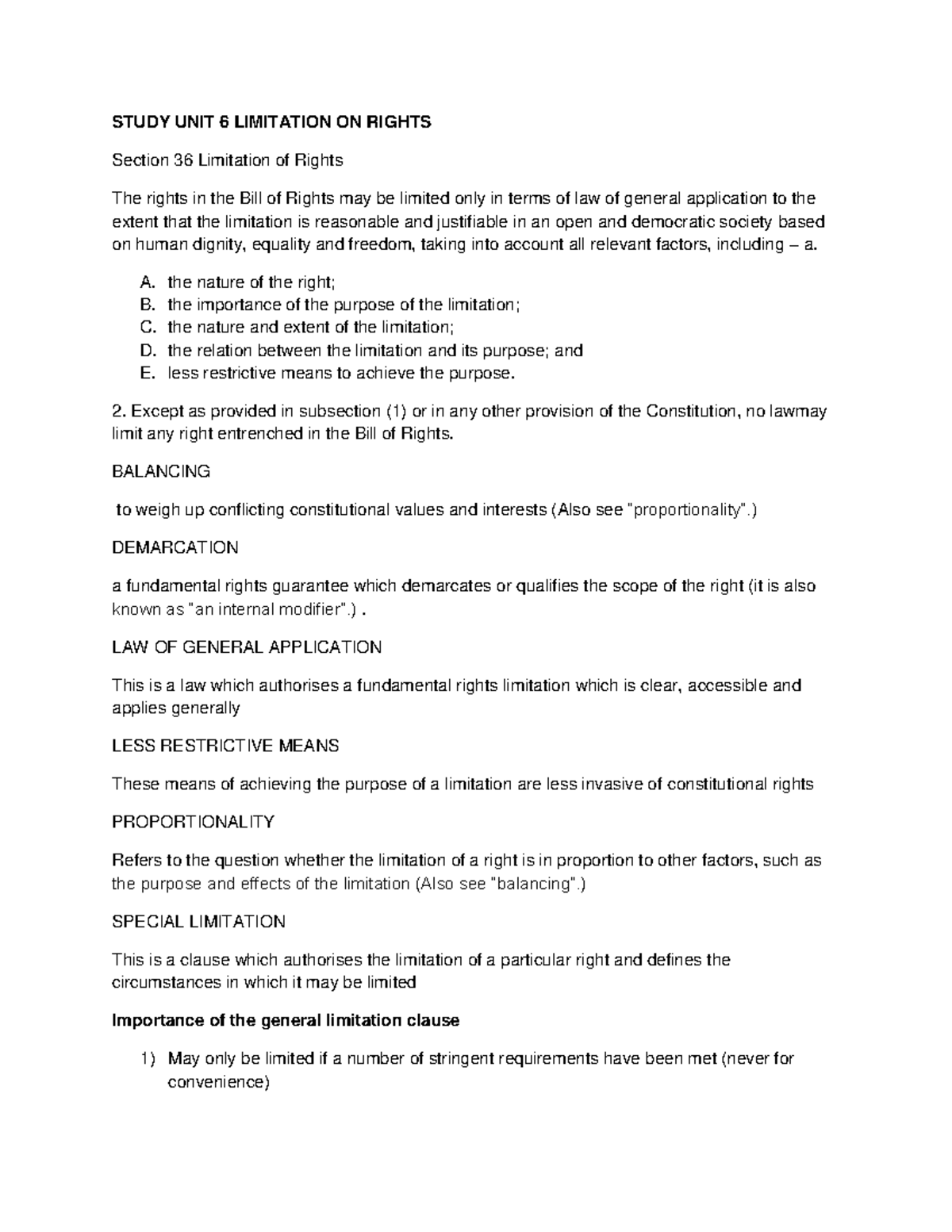 Fundamental rights study unit 6-9 - STUDY UNIT 6 LIMITATION ON RIGHTS ...