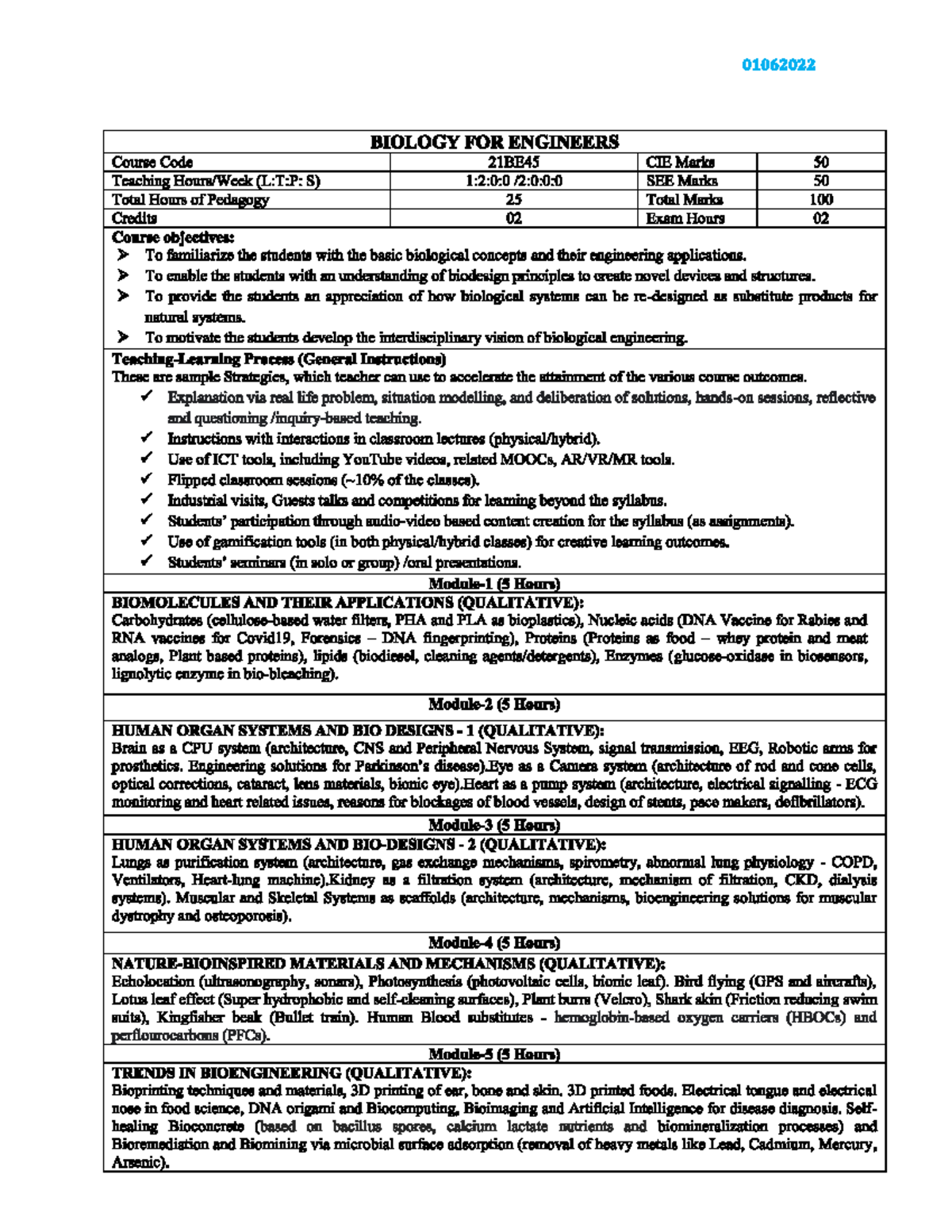 Biology syllubs - Computer Science Engineering - Studocu