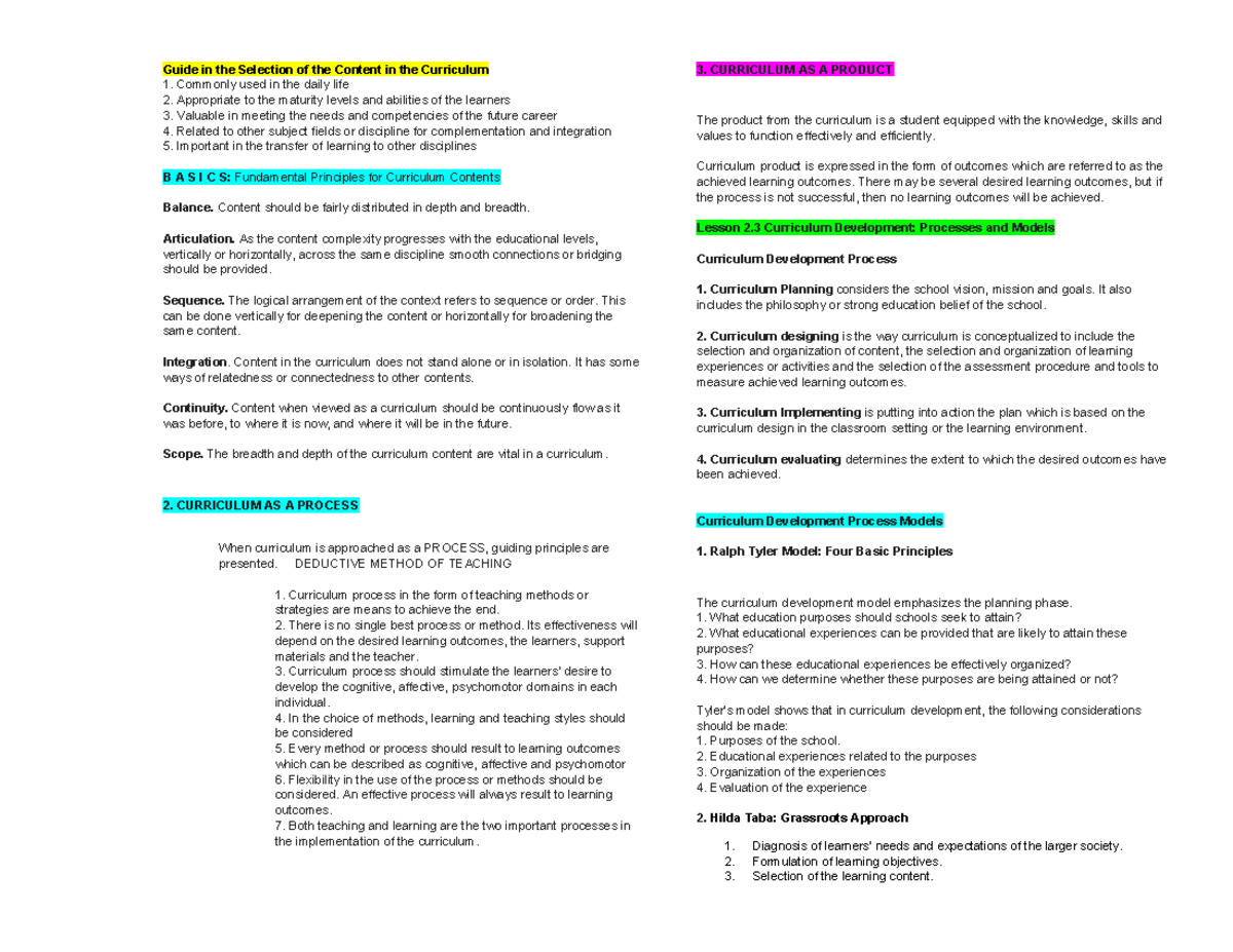 EDUC 9-notes Part 2 - Guide in the Selection of the Content in the ...