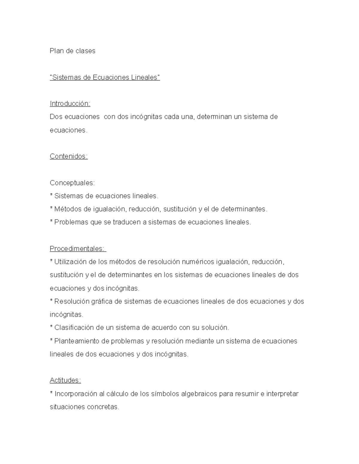304998478 Plan de Clases Sistema de Ecuaciones - Plan de clases “Sistemas de Ecuaciones Lineales ...