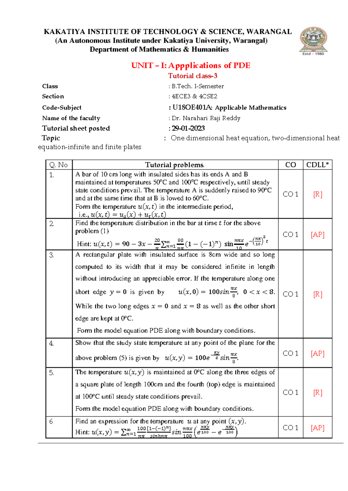 Kw AM Tutorial 3 - UNIT – I: Appplications of PDE Tutorial class- Class ...