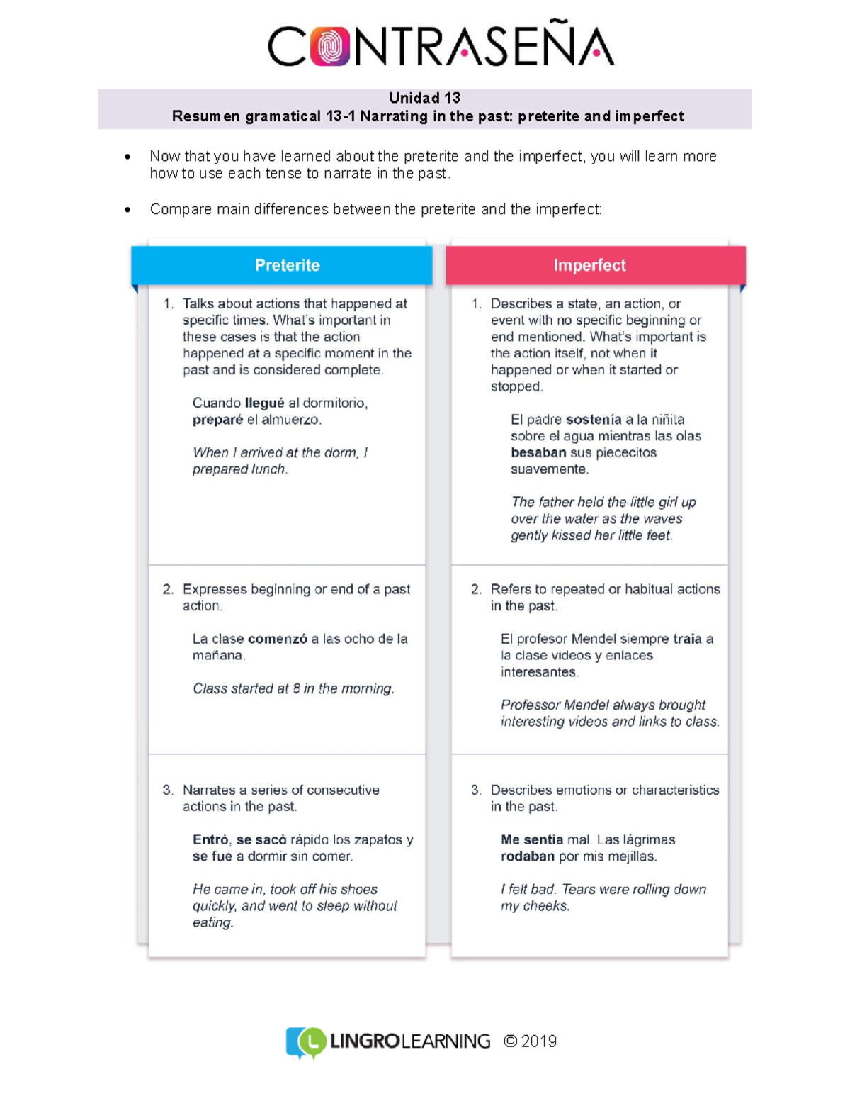 Spanish Midterm Grammar - Unidad 13 Resumen gramatical 13-1 Narrating ...