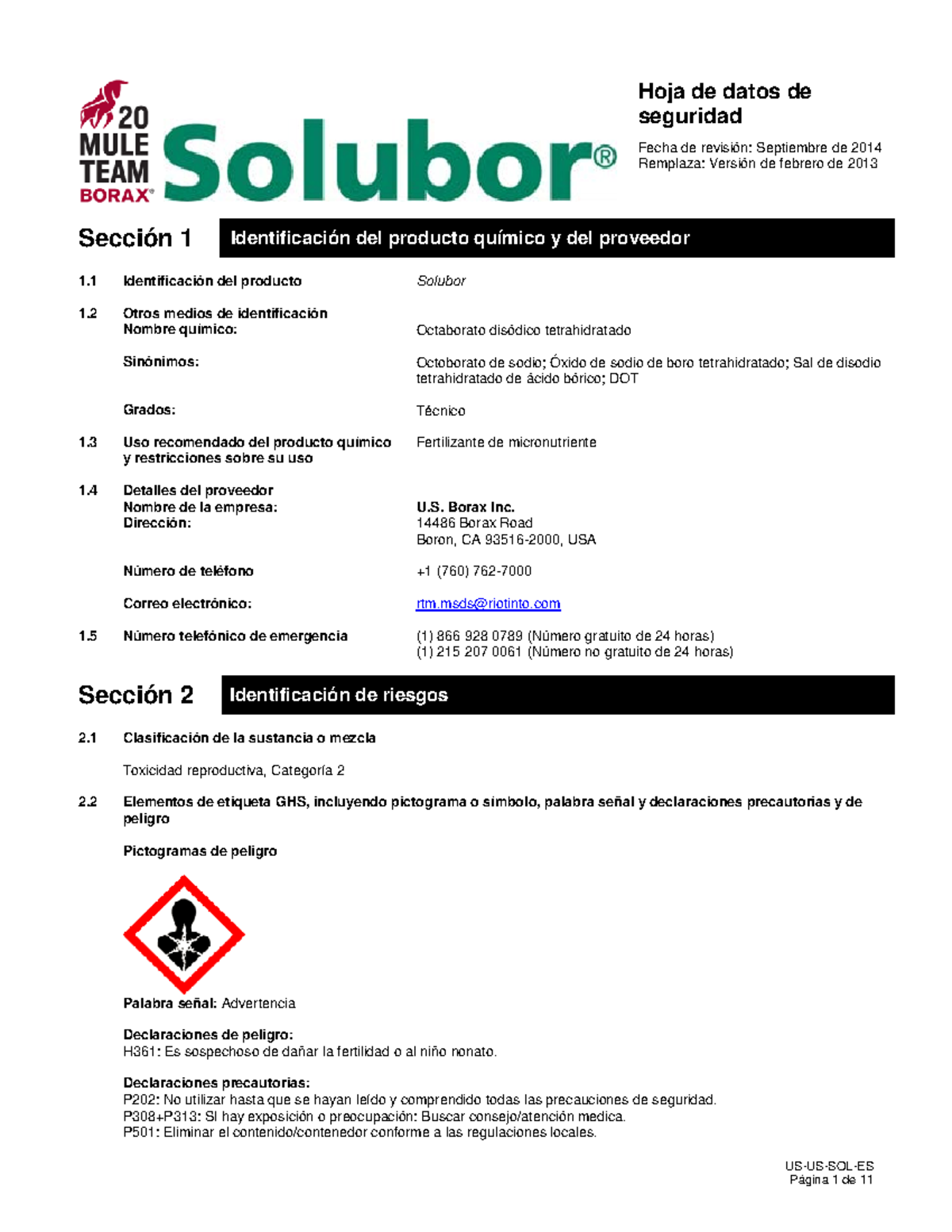 Hoja de seguridad solubor 205b - US-US-SOL-ES Hoja de datos de ...