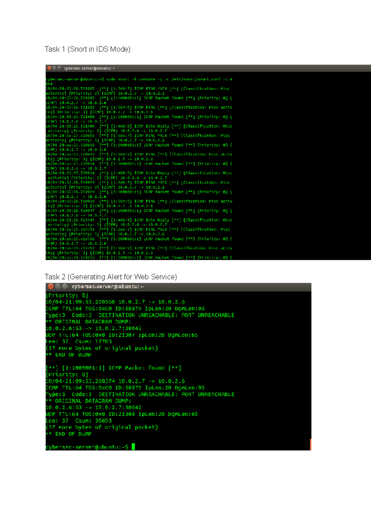 Cyber Sec Week 8 Lab - Crypto - 41900 - Task 1 (Snort in IDS Mode) Task 2 (Generating Alert for ...