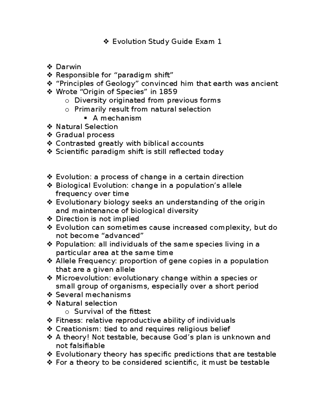 Evolution Study Guide (Exam 1 and 2) - Evolution Study Guide Exam 1 ...