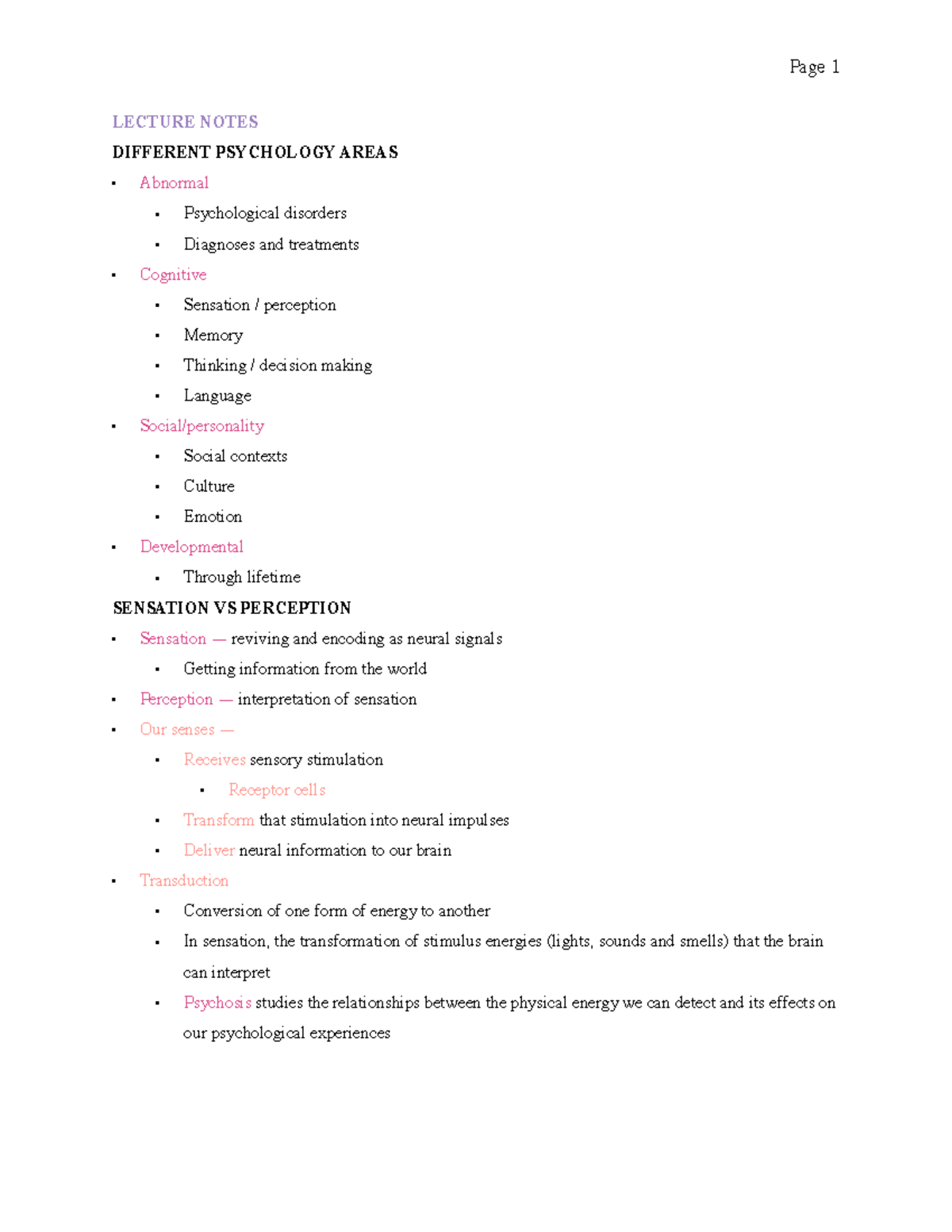 Sensation And Perception Notes