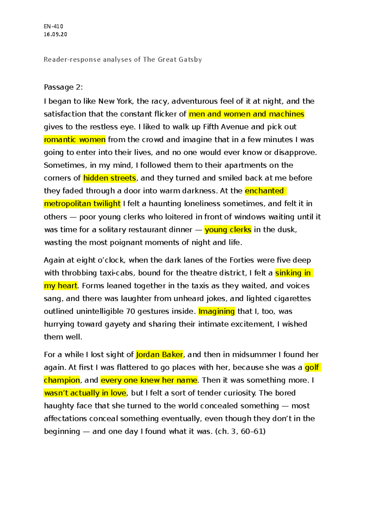 Reader-response critical analysis The Great Gatsby (passage 2) - EN- 16 ...