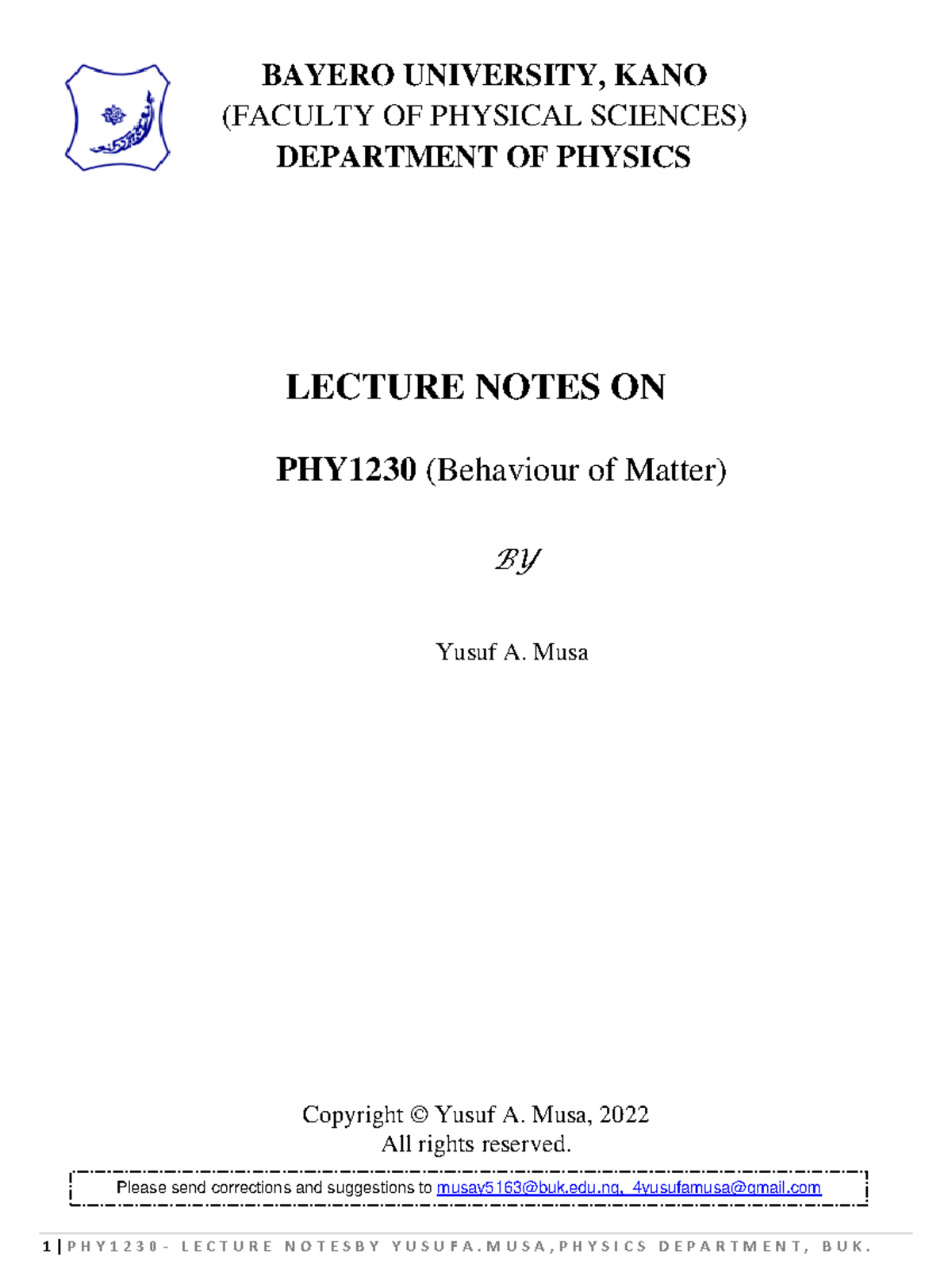 NEW PHY1230 Lectures NOTE - LECTURE NOTES ON PHY1230 (Behaviour of ...