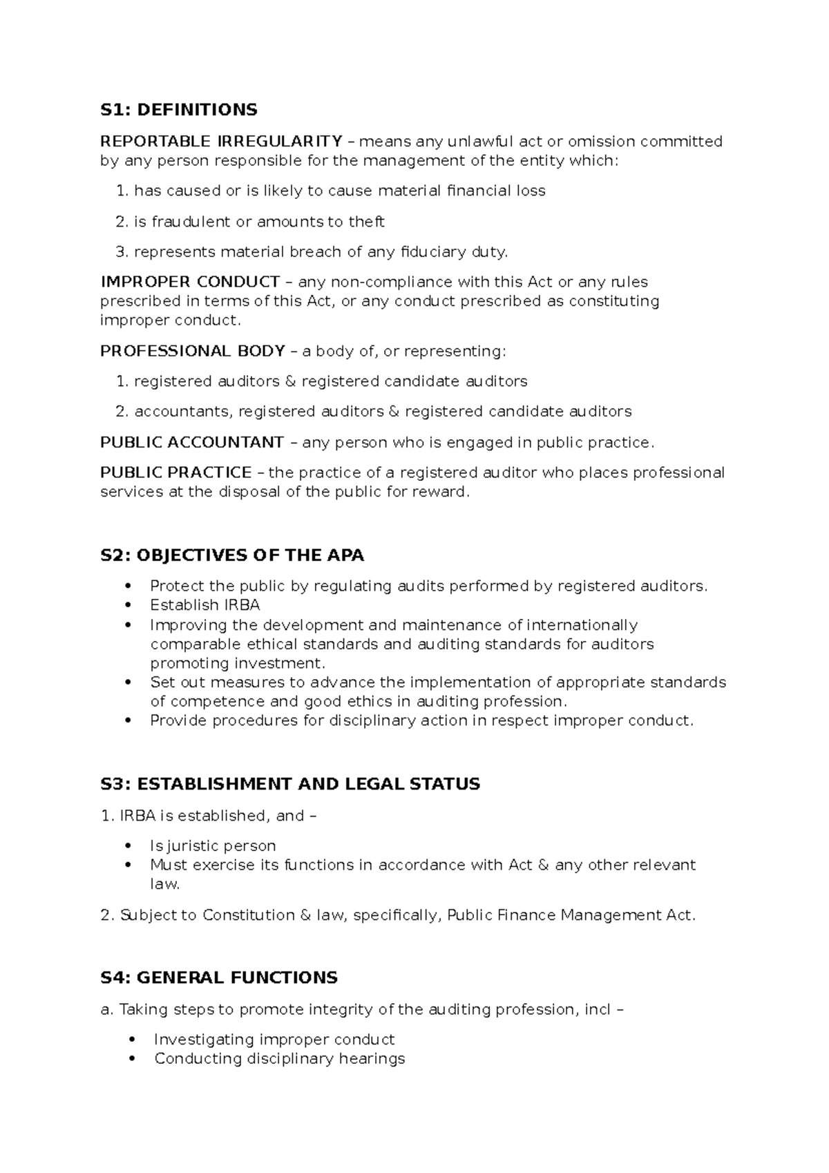 Auditing Profession Act summary - S1: DEFINITIONS REPORTABLE ...
