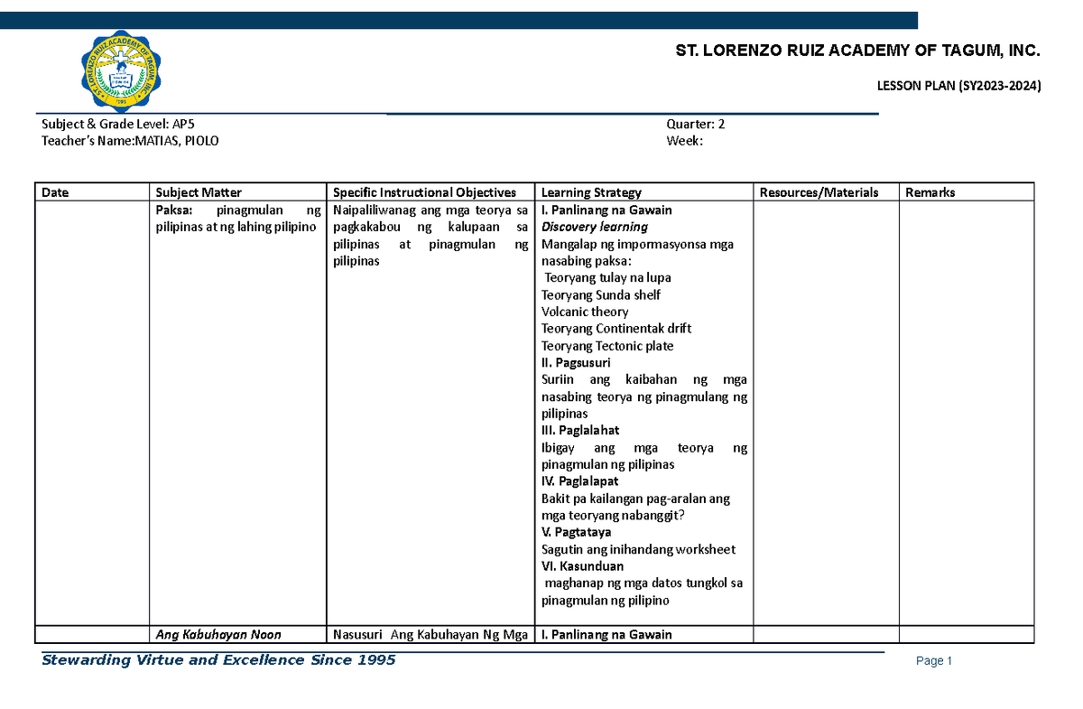 AP5 LP - ST. LORENZO RUIZ ACADEMY OF TAGUM, INC. LESSON PLAN (SY2023 ...