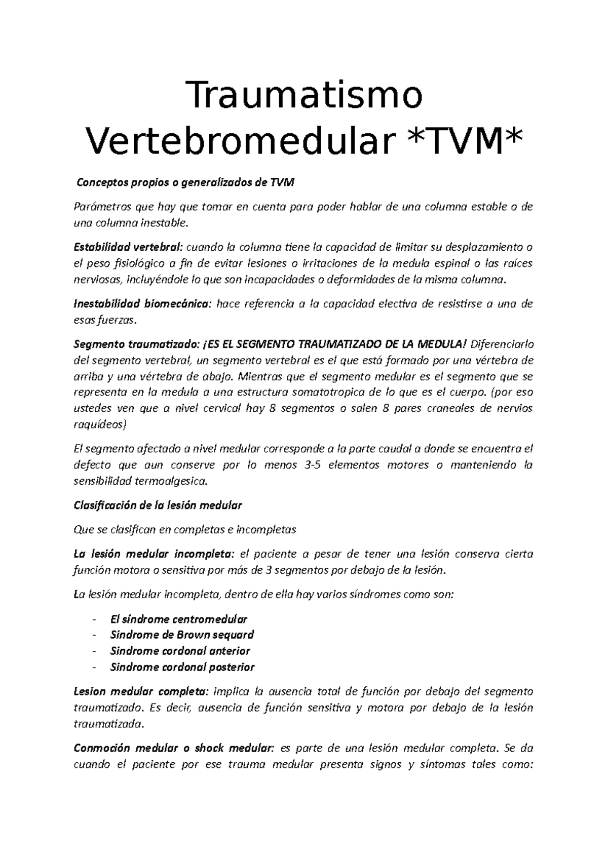 Traumatismo Vertebromedular - Traumatismo Vertebromedular TVM Conceptos propios o generalizados ...