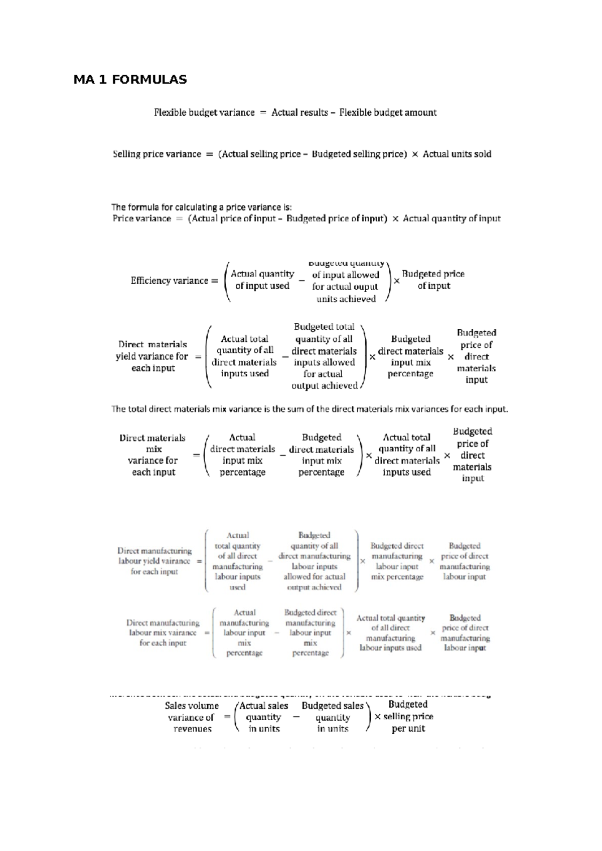 MA Formulas - Management Accounting 1 for Economics - MA 1 FORMULAS ...