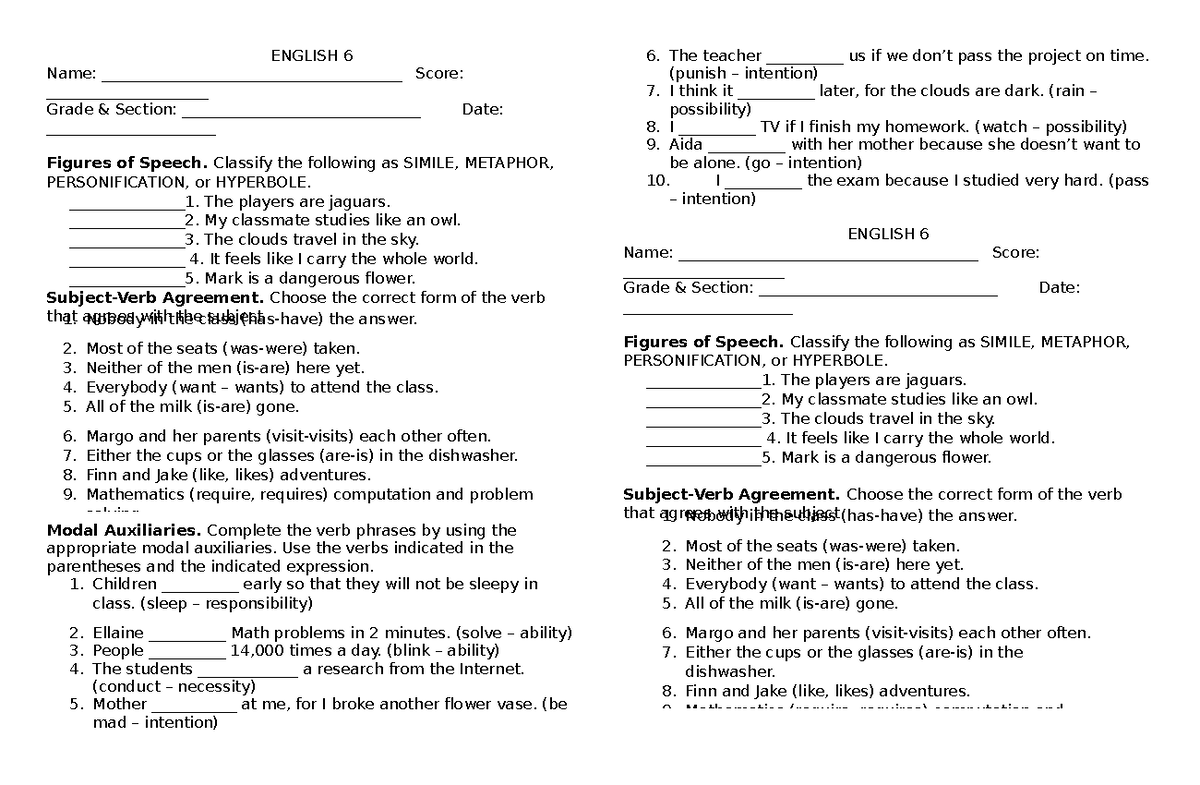 QUIZ Figure OF Speech - ENGLISH 6 Name ...