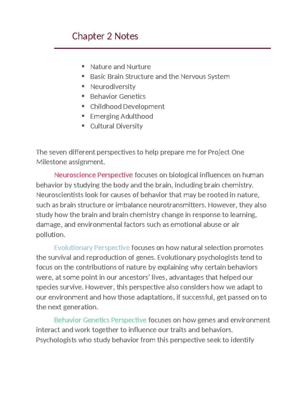 Psychology chapter 2 notes - Chapter 2 Notes Nature and Nurture Basic ...