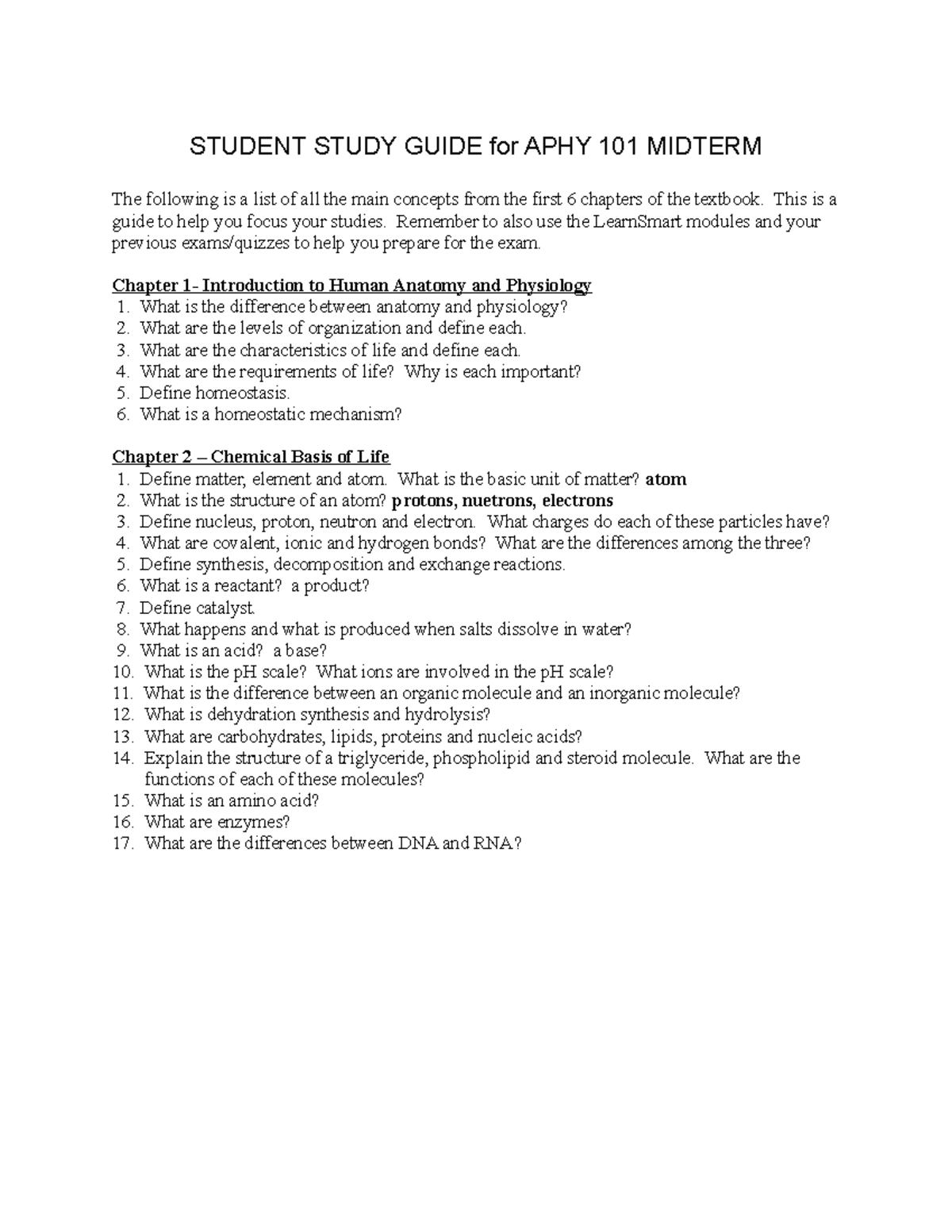 APHY101 Student Study Guide midterm exam - STUDENT STUDY GUIDE for APHY ...