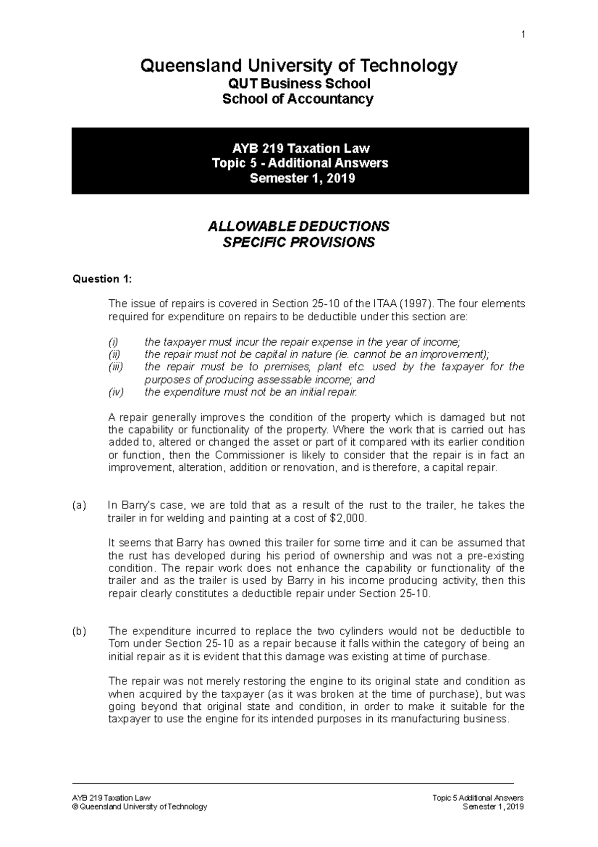 Topic 5 Answers Additional Tutorial Work 1 Queensland University Of Technology Qut Business