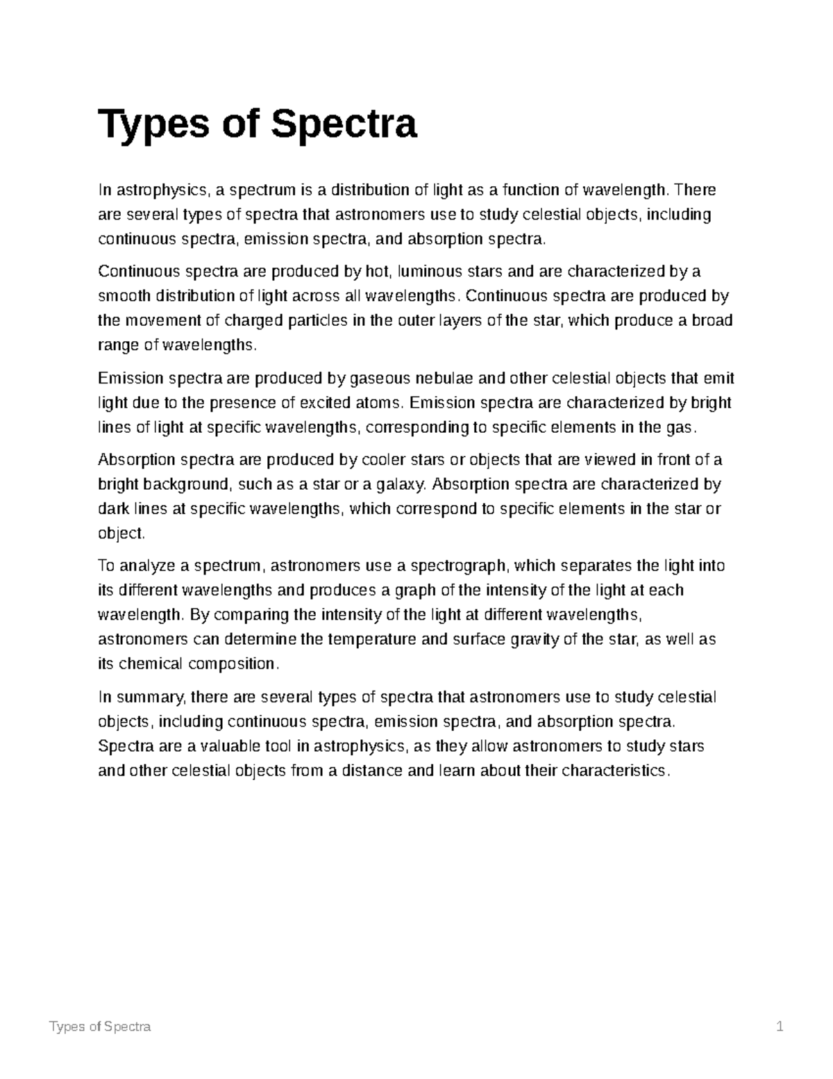 Types of Spectra - Notes - Types of Spectra 1 Types of Spectra In ...