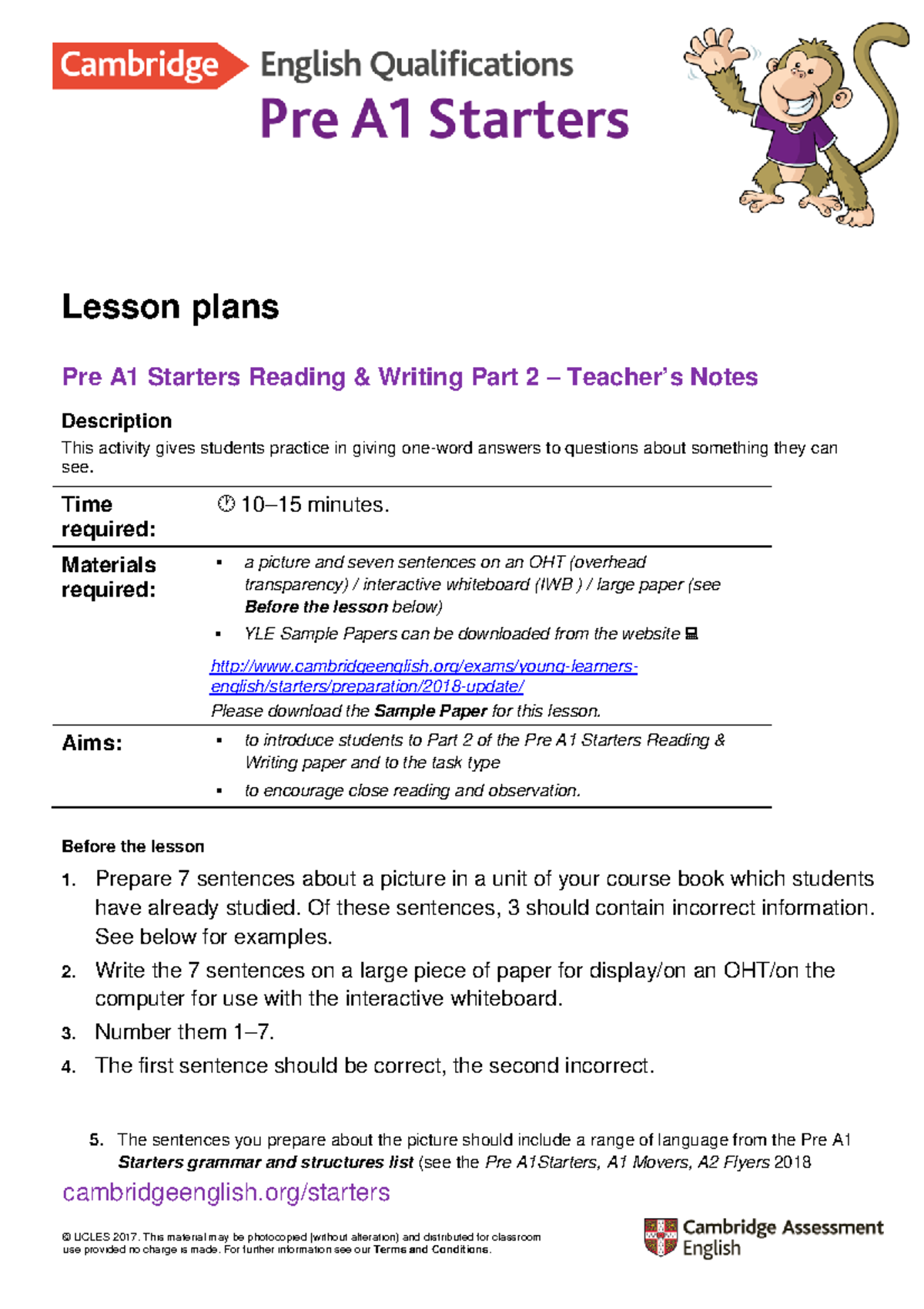 Pre A1 Starters 2018 Reading And Writing Part 2 Ucles 2017 This
