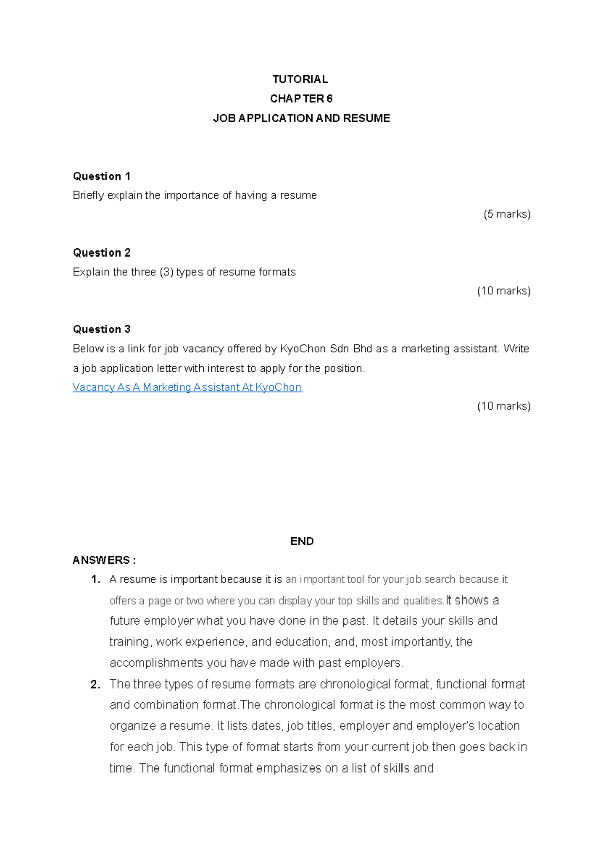 Chapter 6 Tutorial Resume - TUTORIAL CHAPTER 6 JOB APPLICATION AND ...
