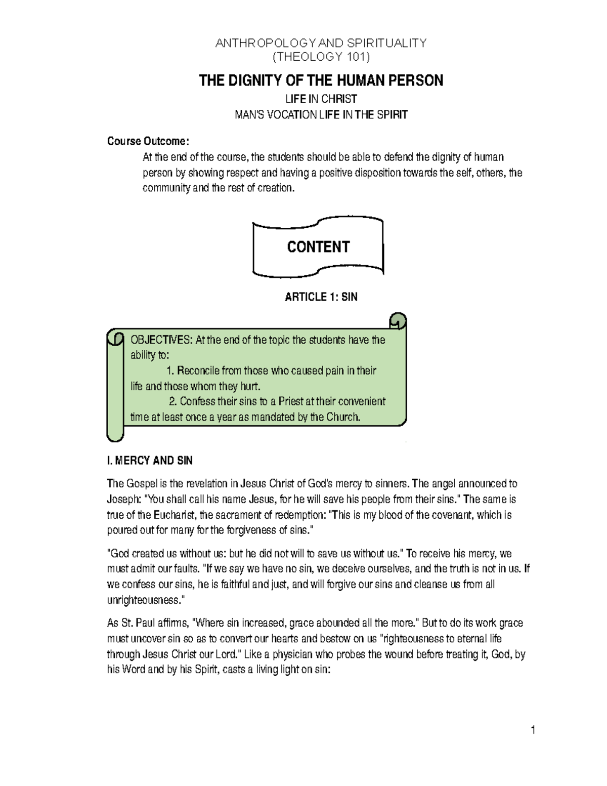 Anthropology AND Spirituality - (THEOLOGY 101) THE DIGNITY OF THE HUMAN ...