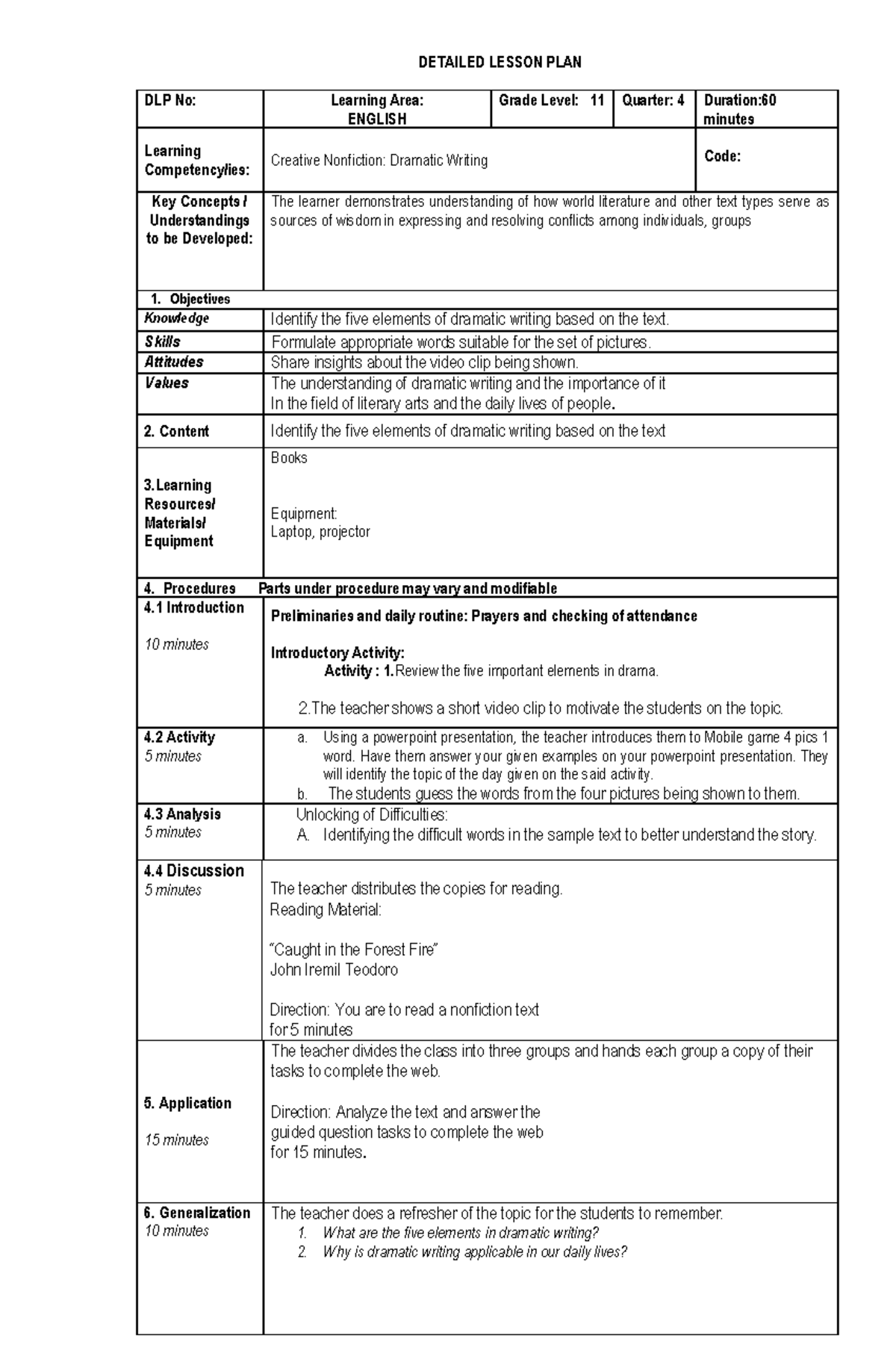 Creative nonfiction dramatic writing dlp - DETAILED LESSON PLAN DLP No ...