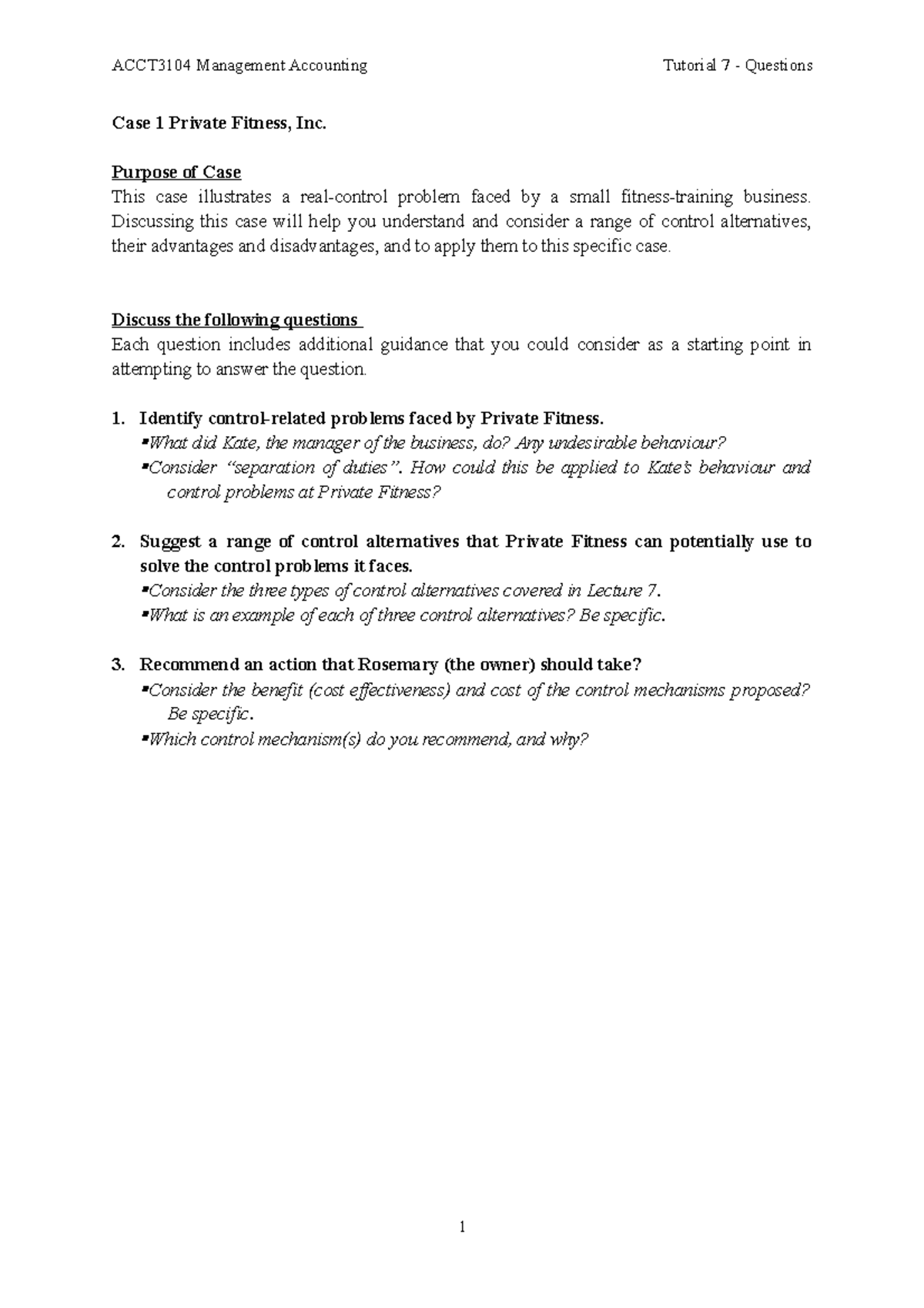 acct 3104 Tutorial 7 - tutorial Solutions - ACCT3104 Management ...